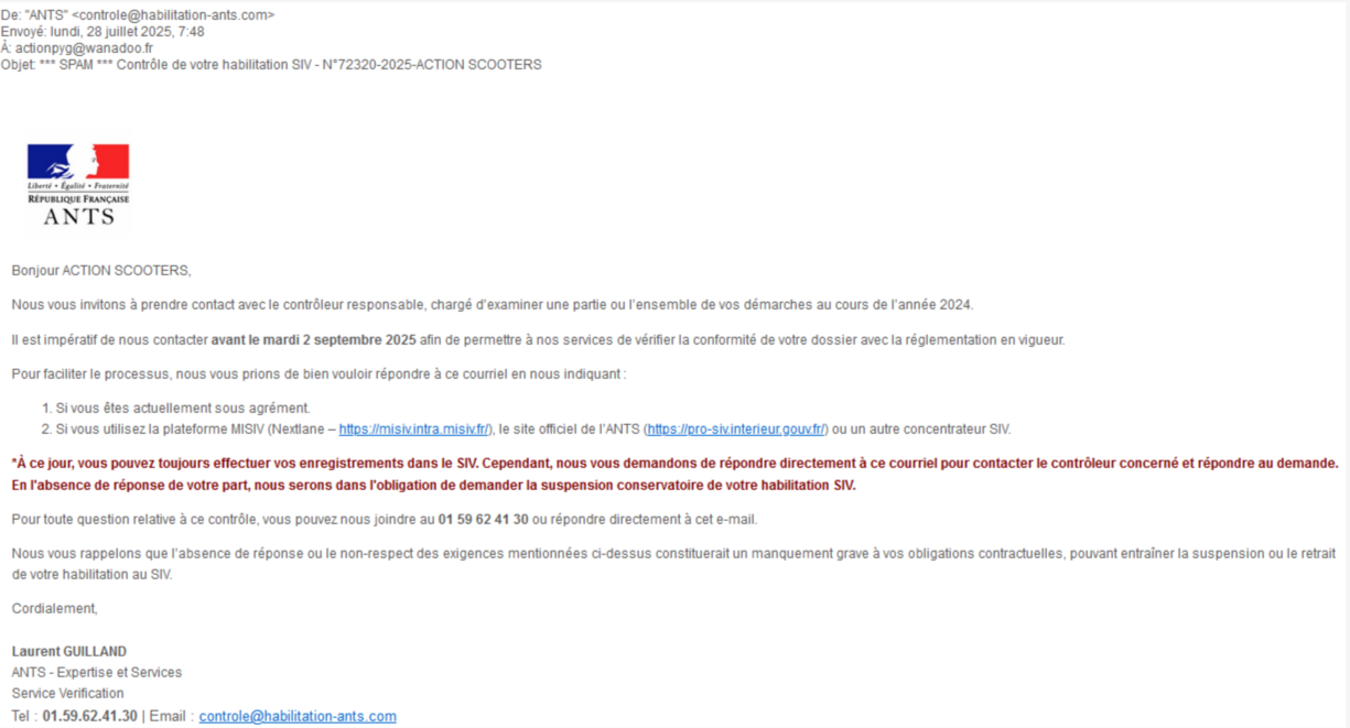 Alerte mails frauduleux SIV - FNA